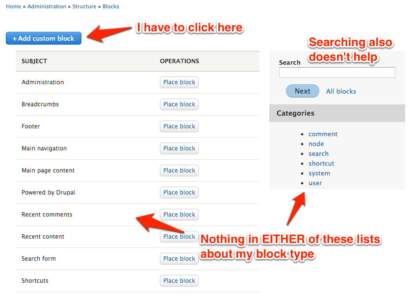 [META] Many UI/UX issues with custom blocks. [#2062715] | Drupal.org