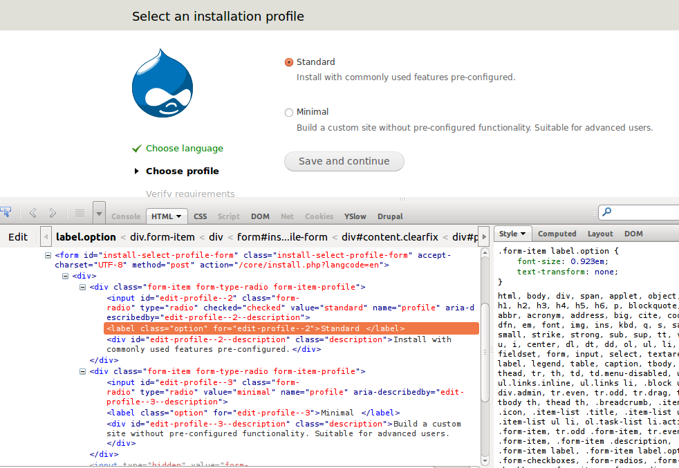 Missing labels for profile and language selectors [#1811216] | Drupal.org