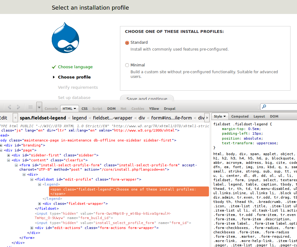 Missing labels for profile and language selectors [#1811216] | Drupal.org