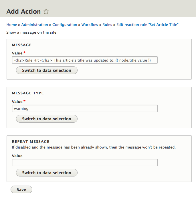 Set title value of new content with "set data" | Examples | Drupal Wiki guide on Drupal.org