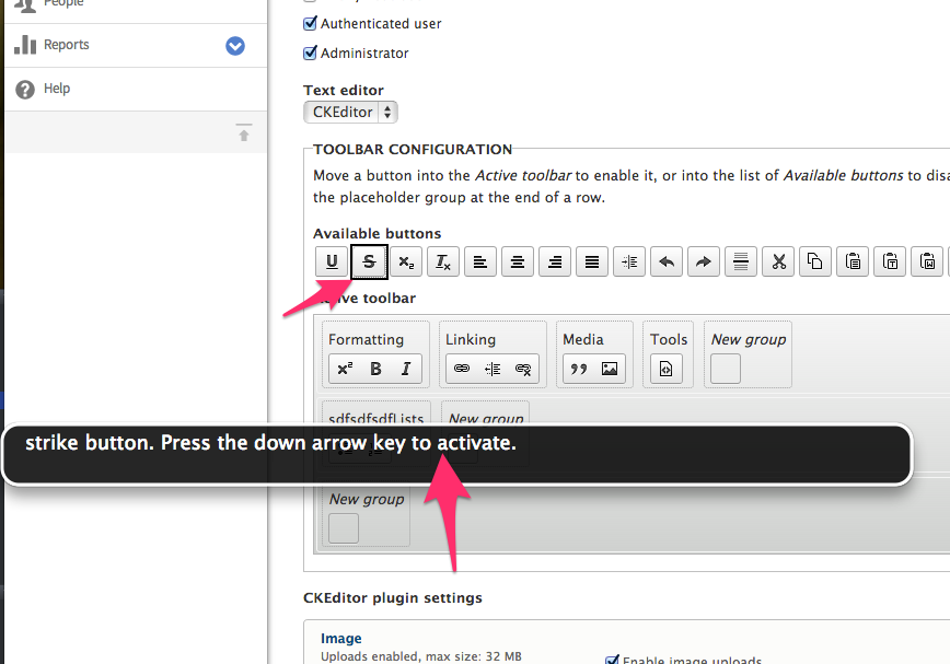 Improve CKEditor toolbar configuration accessibility [#1872206] | Drupal.org