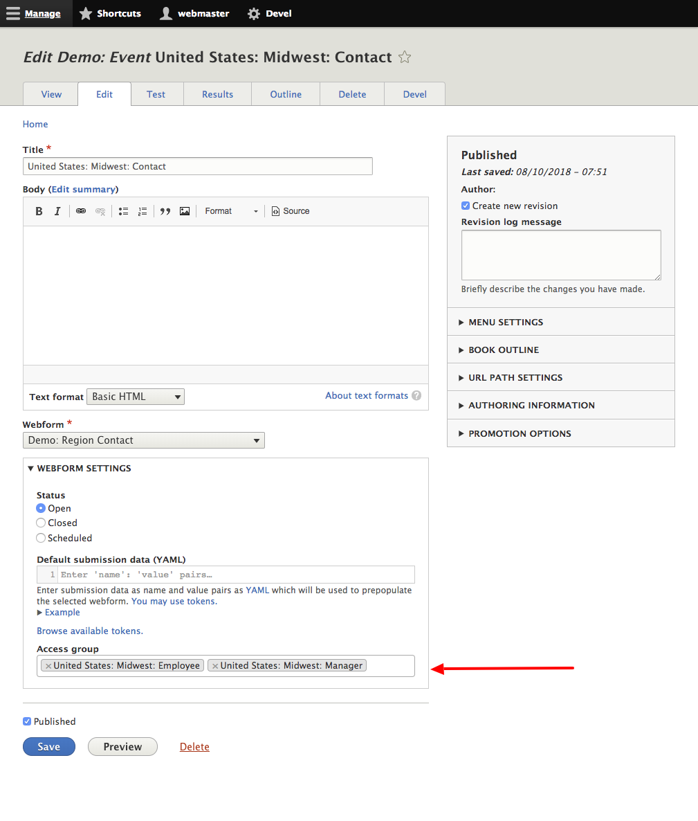 Added Webform Access module with a Demo Regional Contact module ...