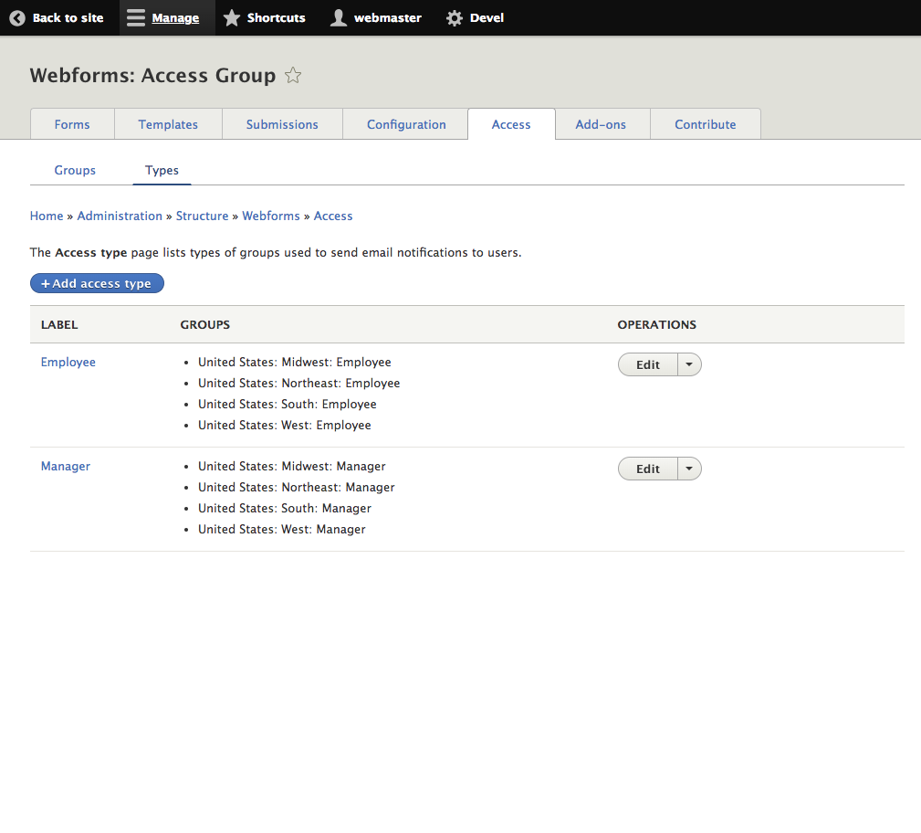 Added Webform Access module with a Demo Regional Contact module ...