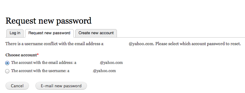 Allow password reset on account w username matching another email. Prevent registrations which ...