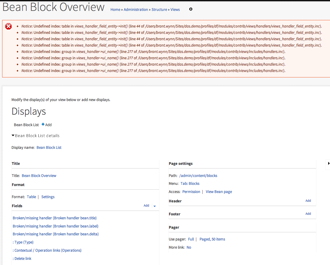 Bean Admin Views provided are throwing errors - cannot create views ...