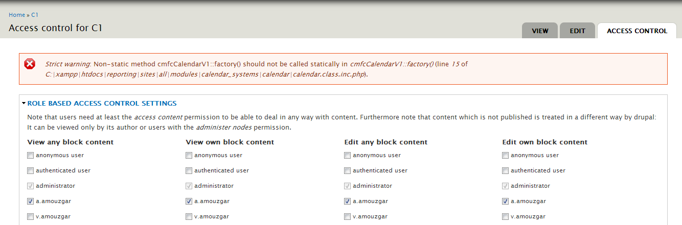 Configuring content access and acl to set permissions for users or roles on a content type not ...