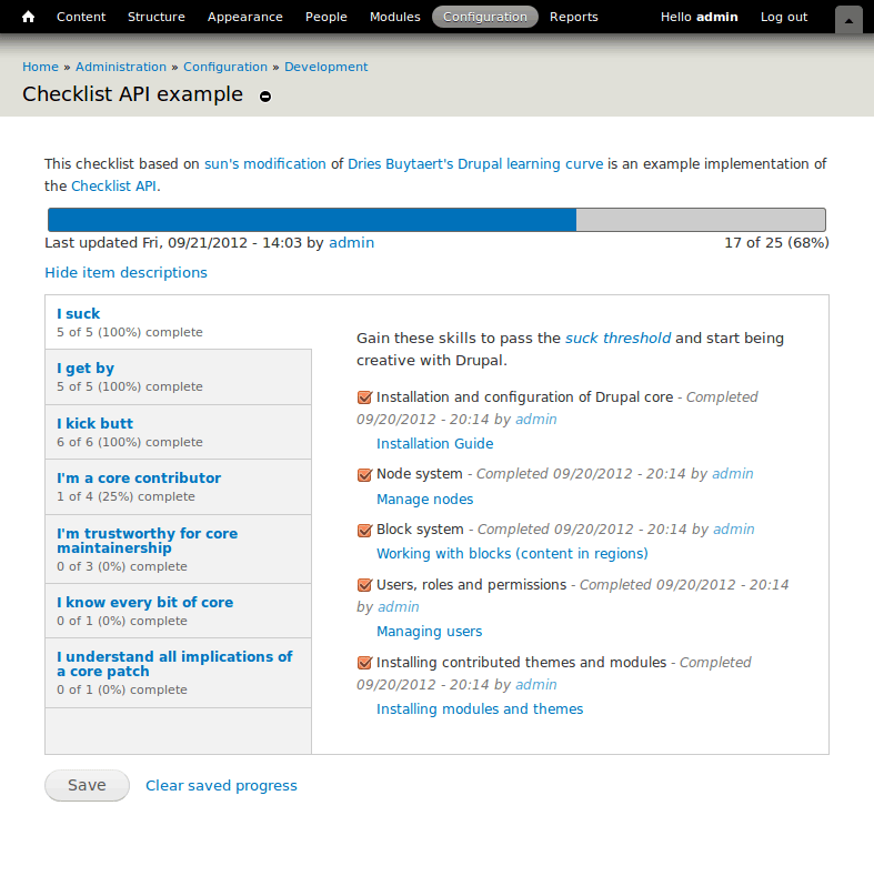 Add progress bar and last updated details to checklist form [#708586] | Drupal.org