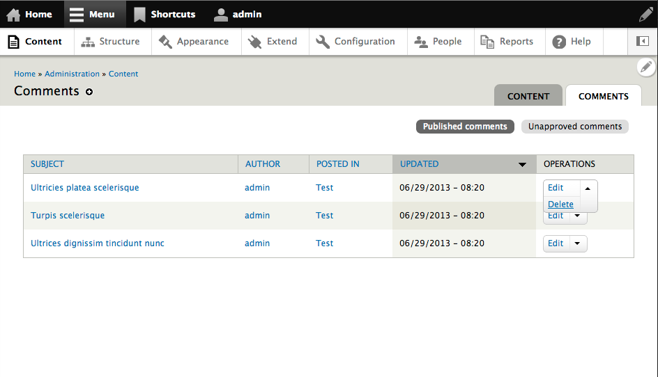 Convert the comments administration screen to a view [#1986606 ...