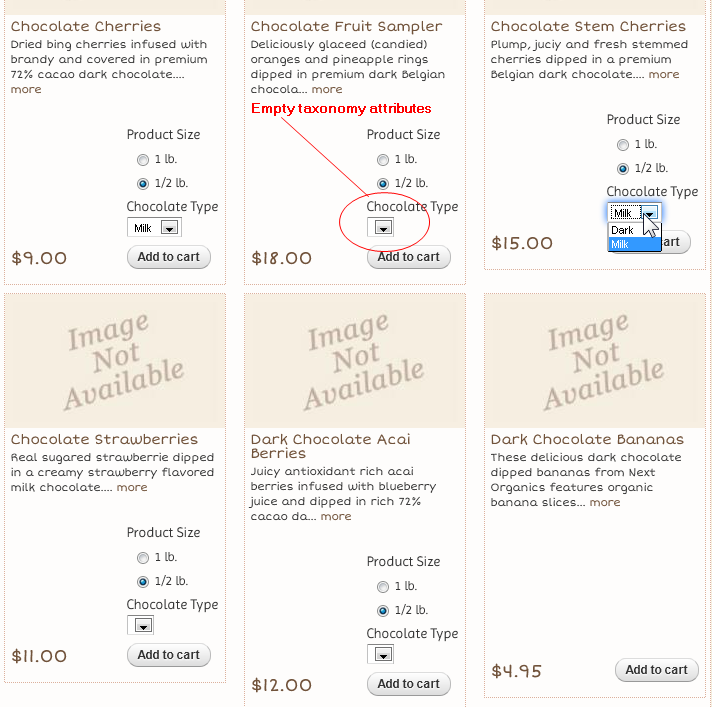 Product attribute fields appear on add to cart form as "none", when no ...