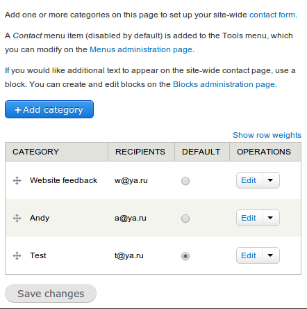 Clean up the contact forms listing UI: Allow to set the default category and weights on the ...