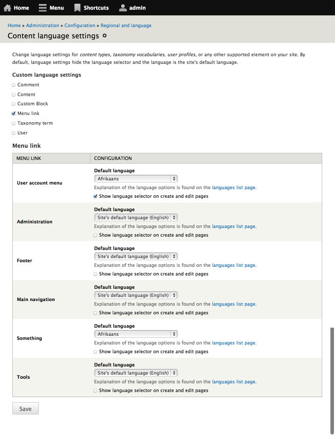 Add language selector on menus [#1945226] | Drupal.org