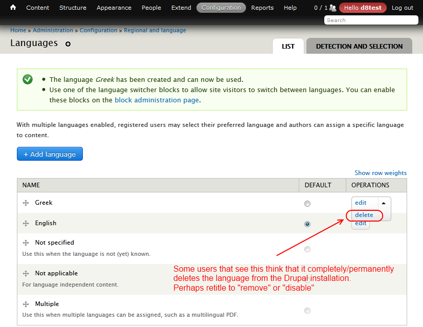 [PP-1] The "delete" operation for the added languages is scary/confusing. [#1870454] | Drupal.org
