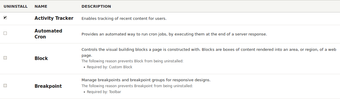4.4. Uninstalling Unused Modules | Capítulo 4. Configuración básica del sitio | Guía de usuario ...