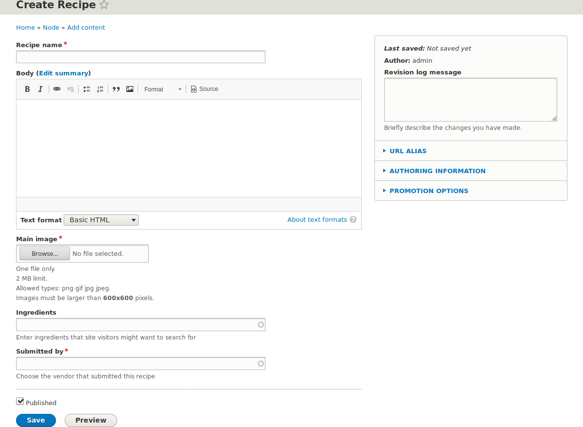 6.9. Changing Content Entry Forms | Capítulo 6. Setting Up Content Structure | Drupal 8 User ...