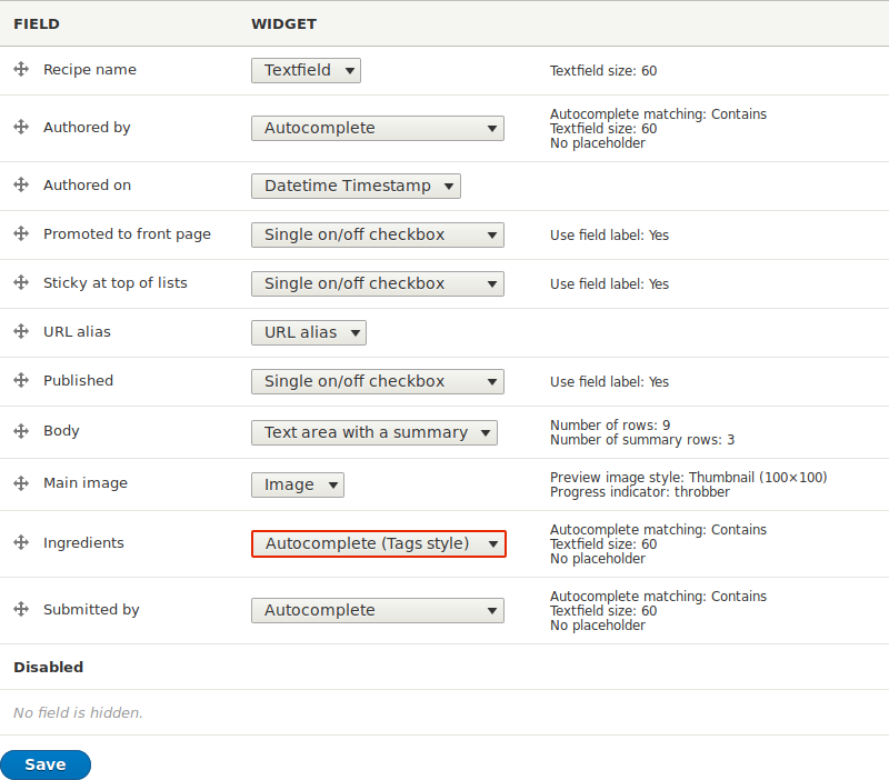 6.9. Changing Content Entry Forms | Capítulo 6. Setting Up Content Structure | Drupal 8 User ...