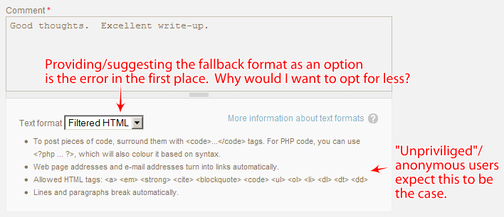 Unprivileged users should only get one text format by default [#788114] | Drupal.org