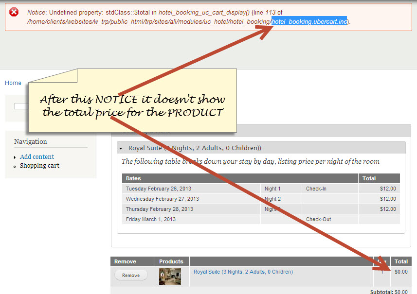 Notice: Undefined property: stdClass::$price in hotel_booking_uc_cart_display() line 111 of ...