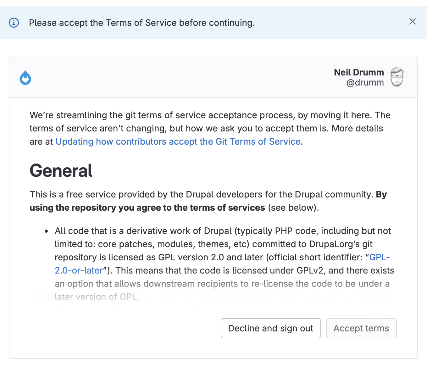 Updating how contributors accept the Git Terms of Service | Drupal.org Updating how contributors accept the Git Terms of Service | Drupal.org