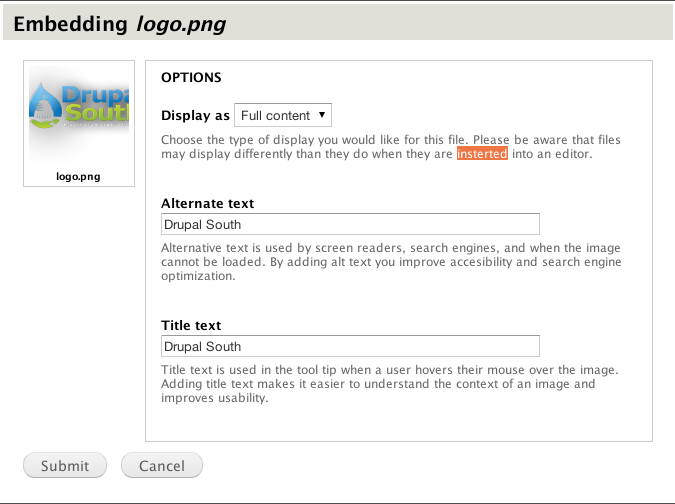 typo: "insterted" should be "inserted" in help text in a media embed dialog [#2116627] | Drupal.org