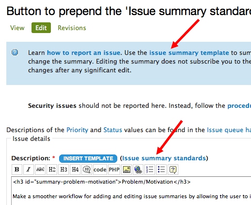 Button to prepend the 'Issue summary standard' template into Issue body ...