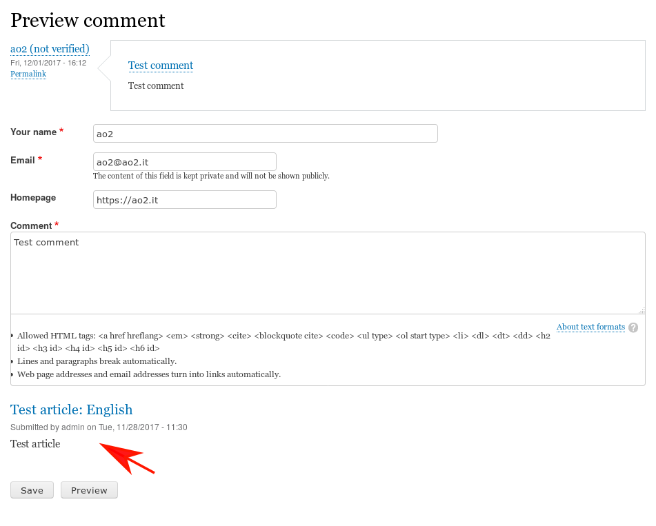 Comment preview form shows parent entity before action buttons ...