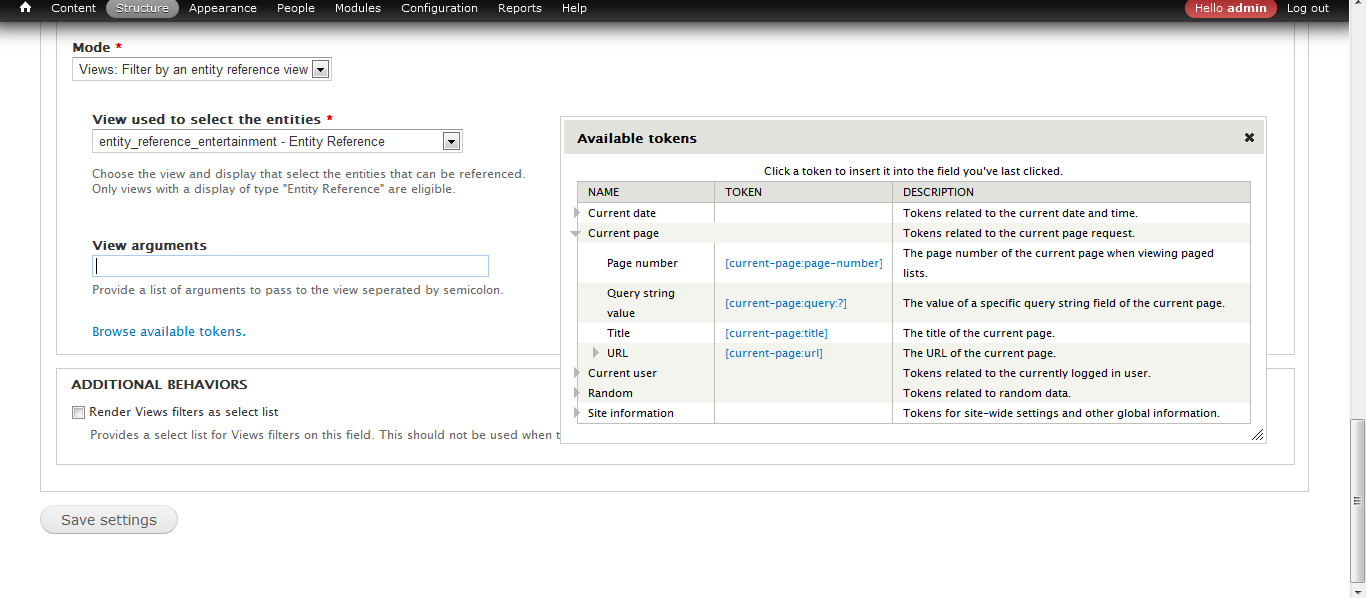 Use tokens for entity selection view arguments [#2010898] | Drupal.org