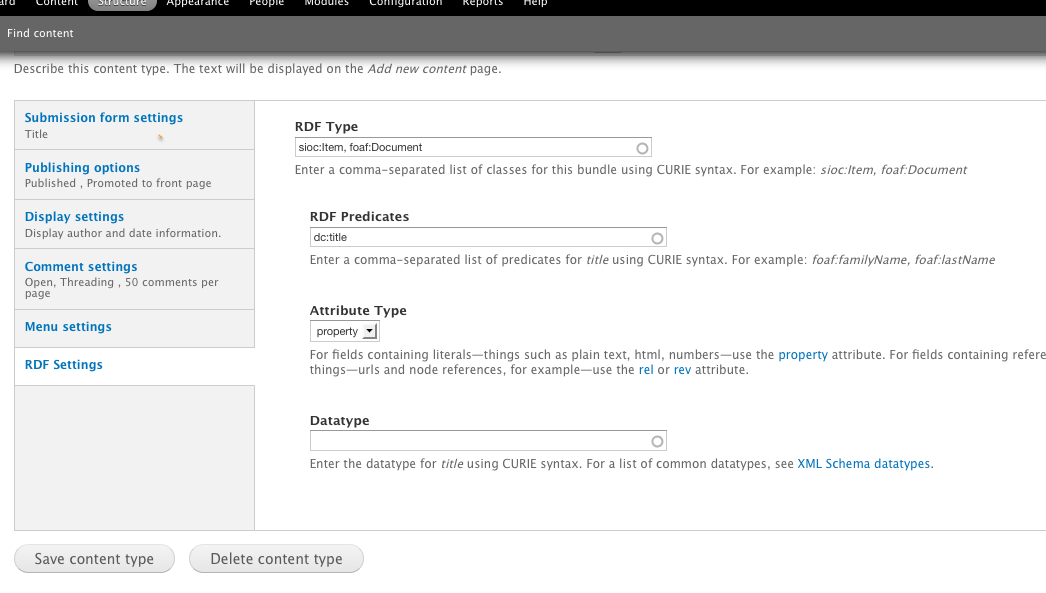 Make the distinction between RDF Type and title predicate mappings in content type edit form ...