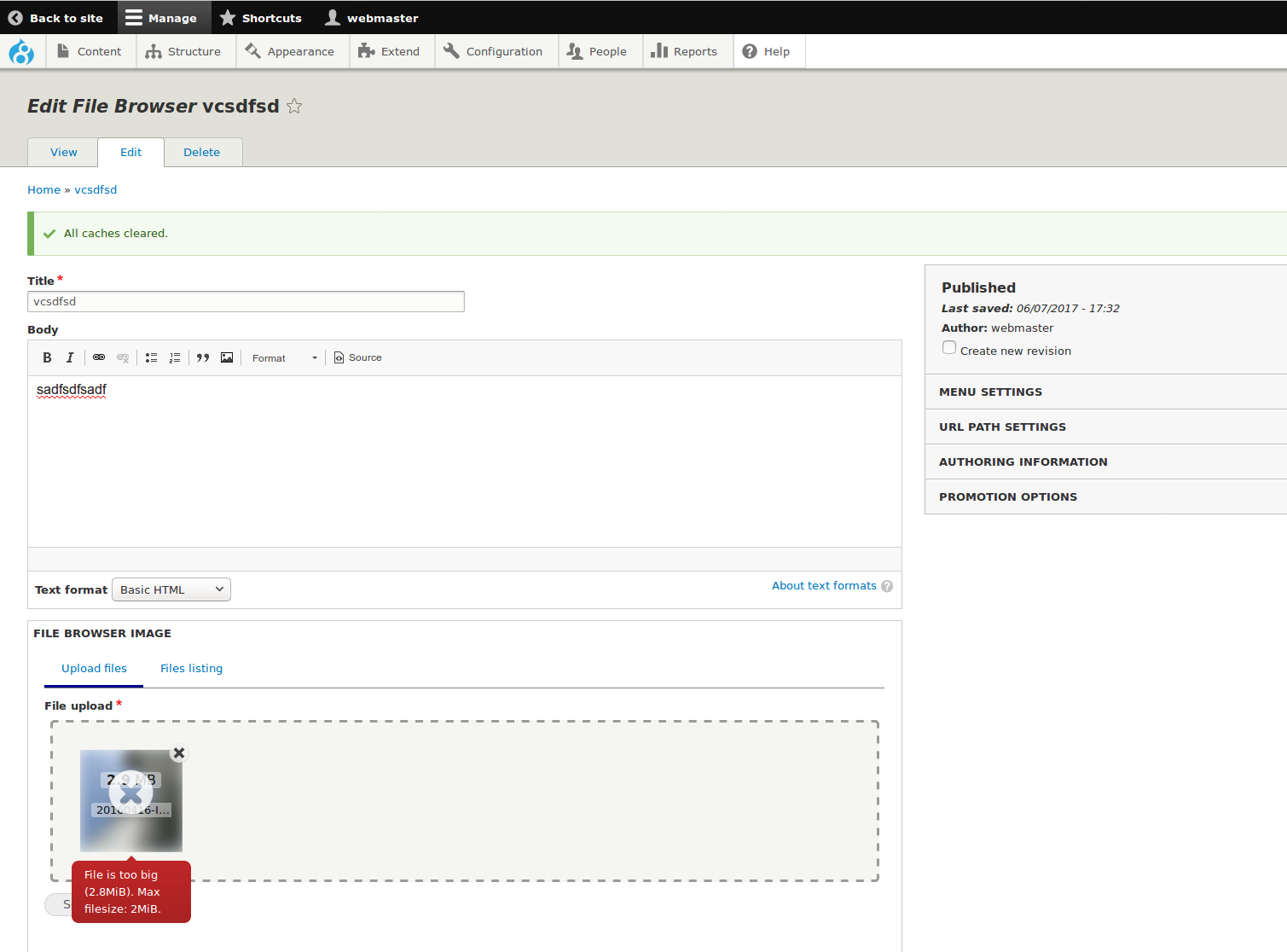 "File is too big" error when uploading jpg [#2884531] | Drupal.org