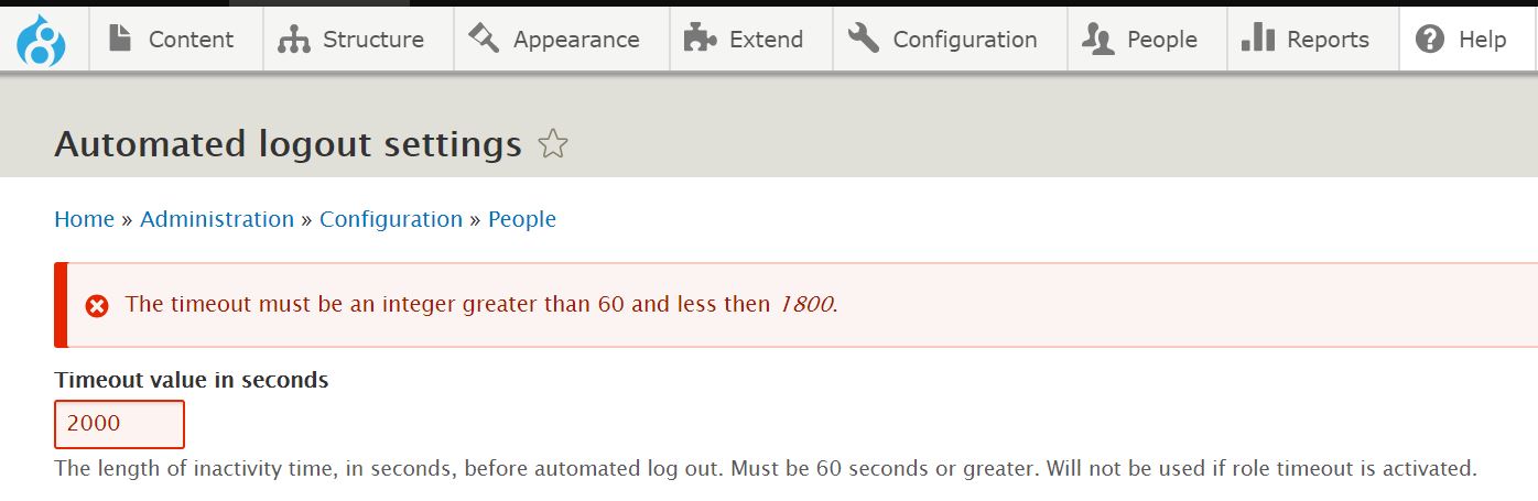 Error message says timeout must be less than 1800 but saves 1800 too [#2997666] | Drupal.org