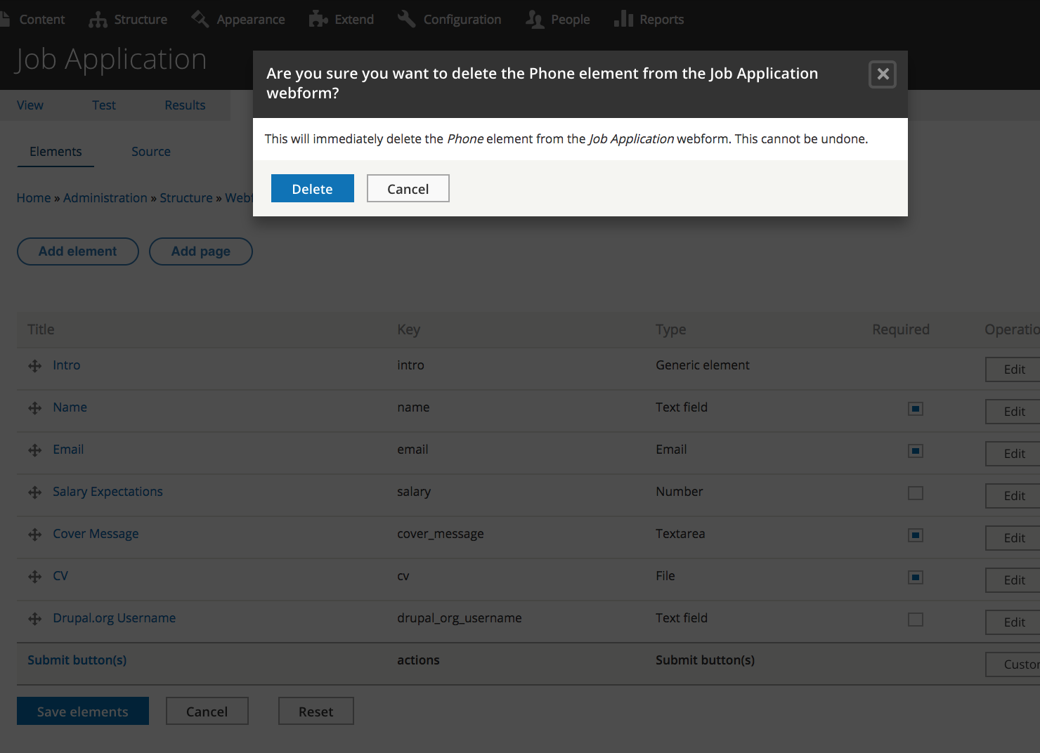 Remove delete button from element dialog [#3002723] | Drupal.org