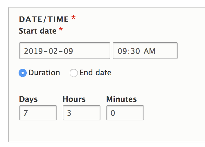 Provide a datetime_range widget to define end time via a duration offset [#2845081] | Drupal.org