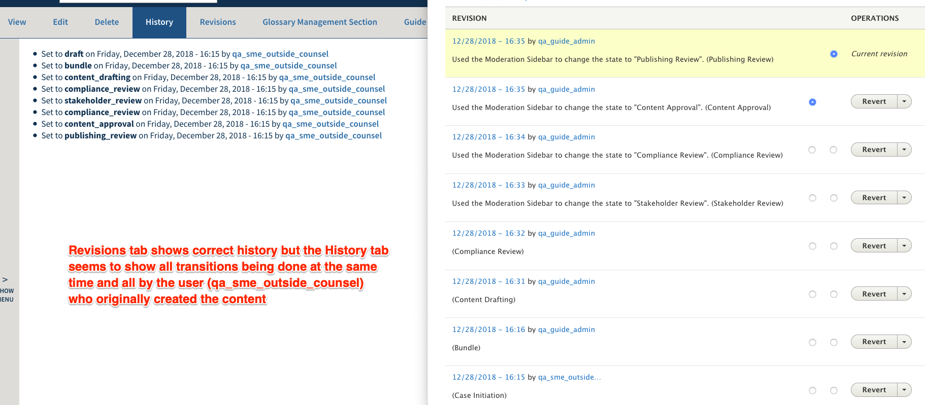 moderation-history view displays incorrect user and datetime [#3022898] | Drupal.org
