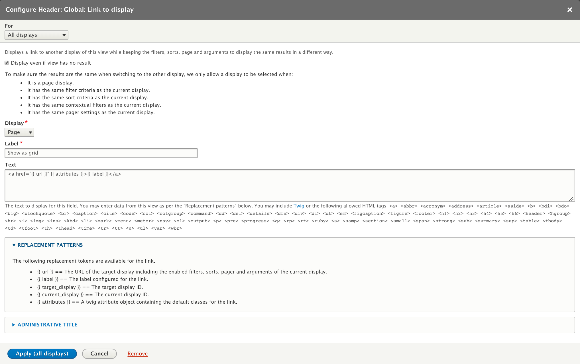 Add views area plugin to display a link to another view display within the same view [#3025657 ...