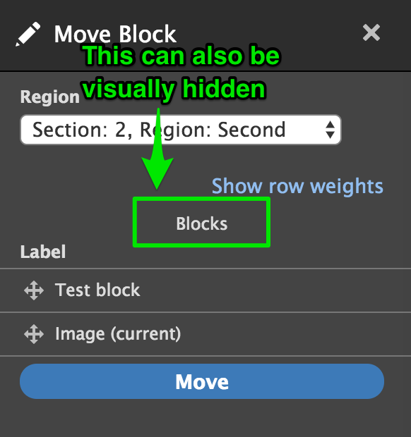 Allow reordering blocks without a pointer device [#2995689] | Drupal.org