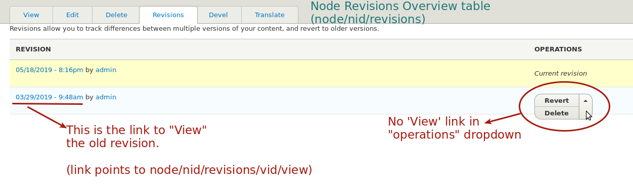 Add 'view' link to Node revisions overview "Operations" links [#3055600] | Drupal.org