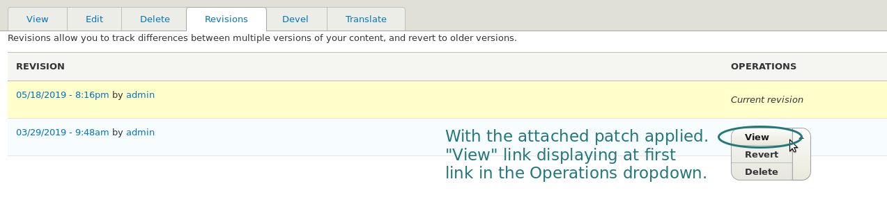 Add 'view' link to Node revisions overview "Operations" links [#3055600] | Drupal.org