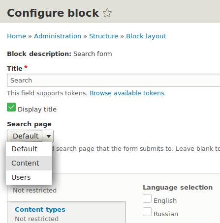 Search block has new setting for search page | Drupal.org