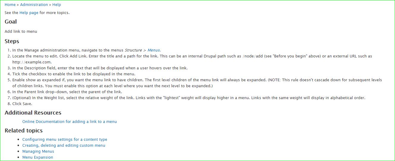 Convert menu_link_content, menu_ui module hook_help() to topic(s ...