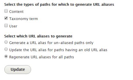 Bulk generate does NOT generate URL aliases for Taxonomy Terms [#3133001] | Drupal.org