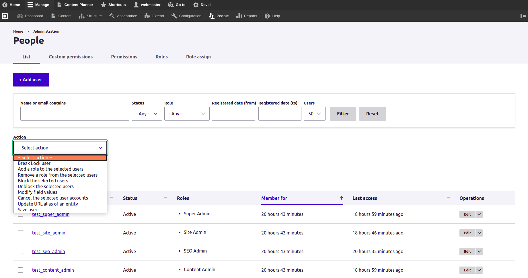 Change selected actions for Views Bulk Operations (VBO) in Content and People view pages ...