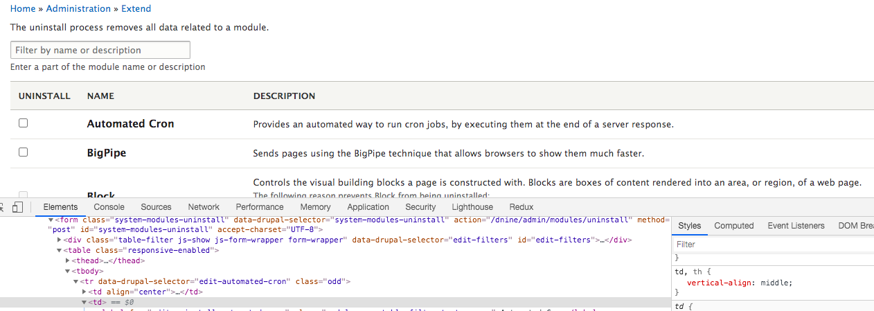 Claro table theming is inconsistent for modules and uninstall modules pages [#3155372] | Drupal.org