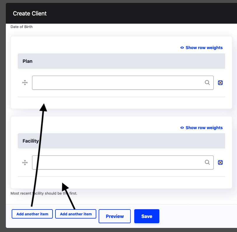 "Add another item" field button is displayed as a modal action ...