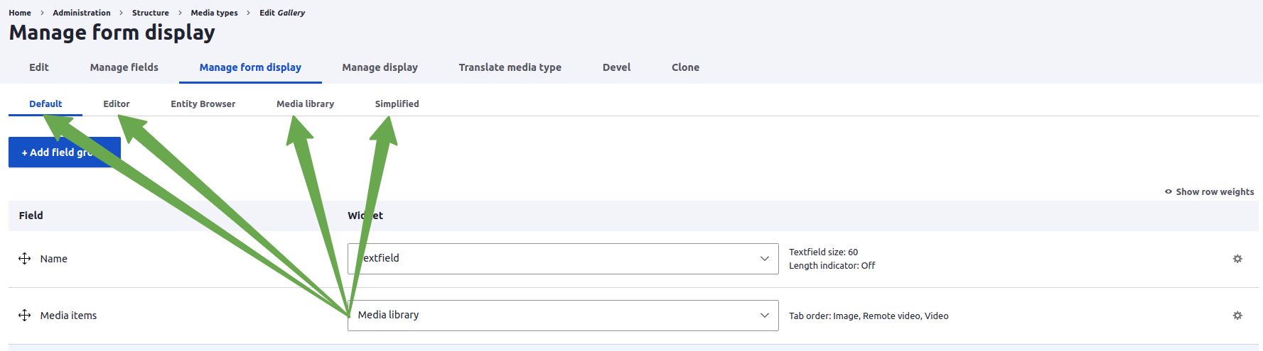 Change [Gallery] media type form display from using Entity Browser media form widget to Drupal ...