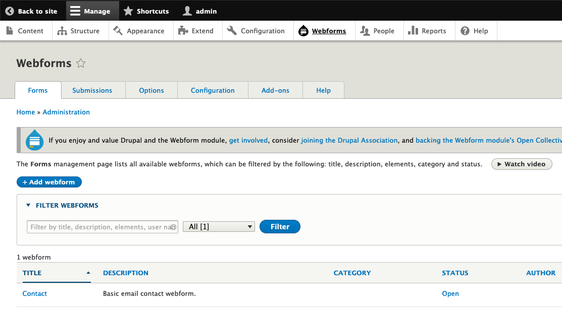 Make the "Webforms" menu item a top-level item instead of under Structure [#3166827] | Drupal.org
