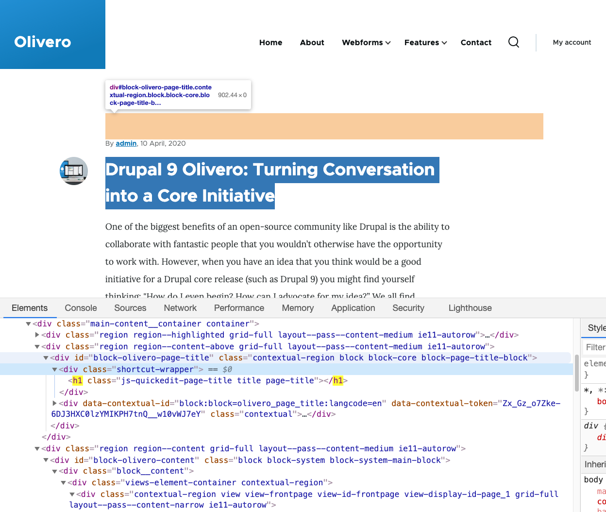 Olivero homepage has an empty title block div with an empty H1 [#3177231] | Drupal.org