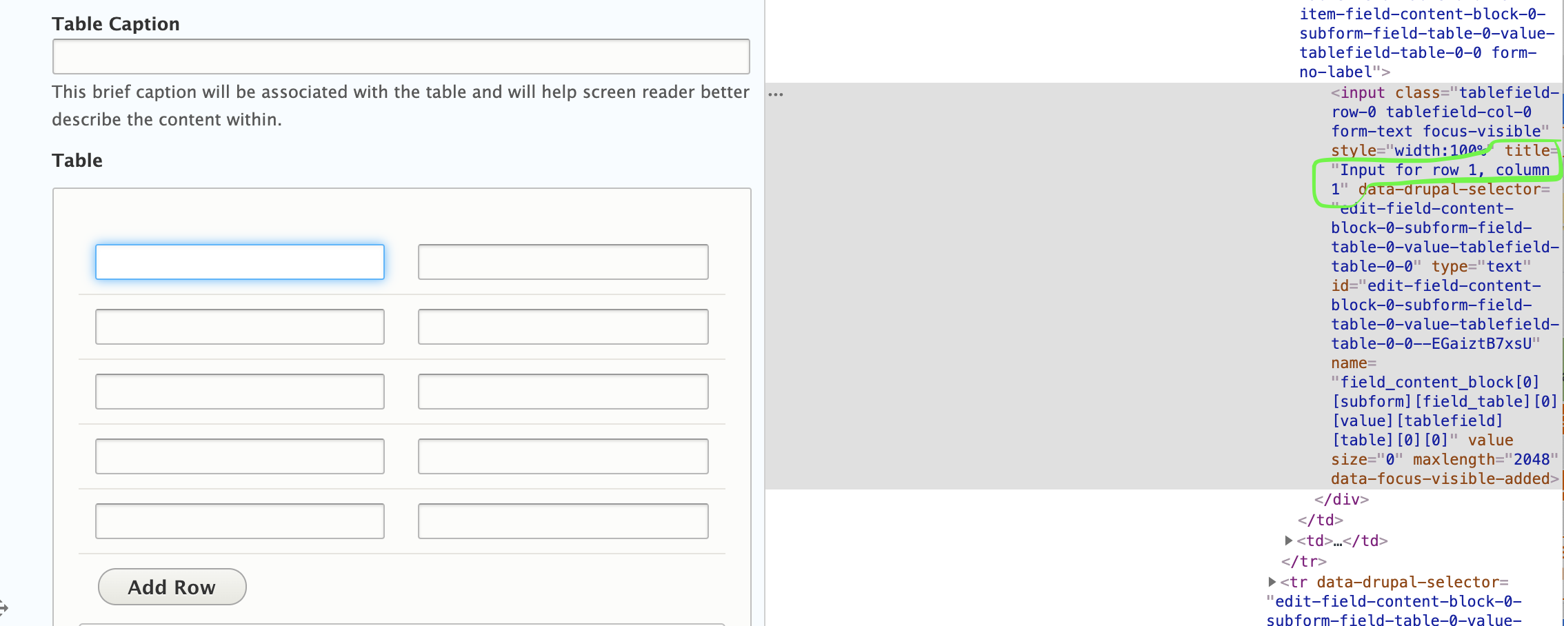 Tablefield input elements have no title or label [#3176982] | Drupal.org