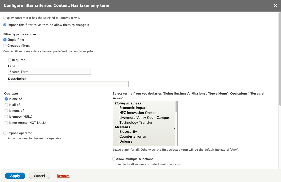 Allow multiple vocabularies in the taxonomy filter [#2784233] | Drupal.org