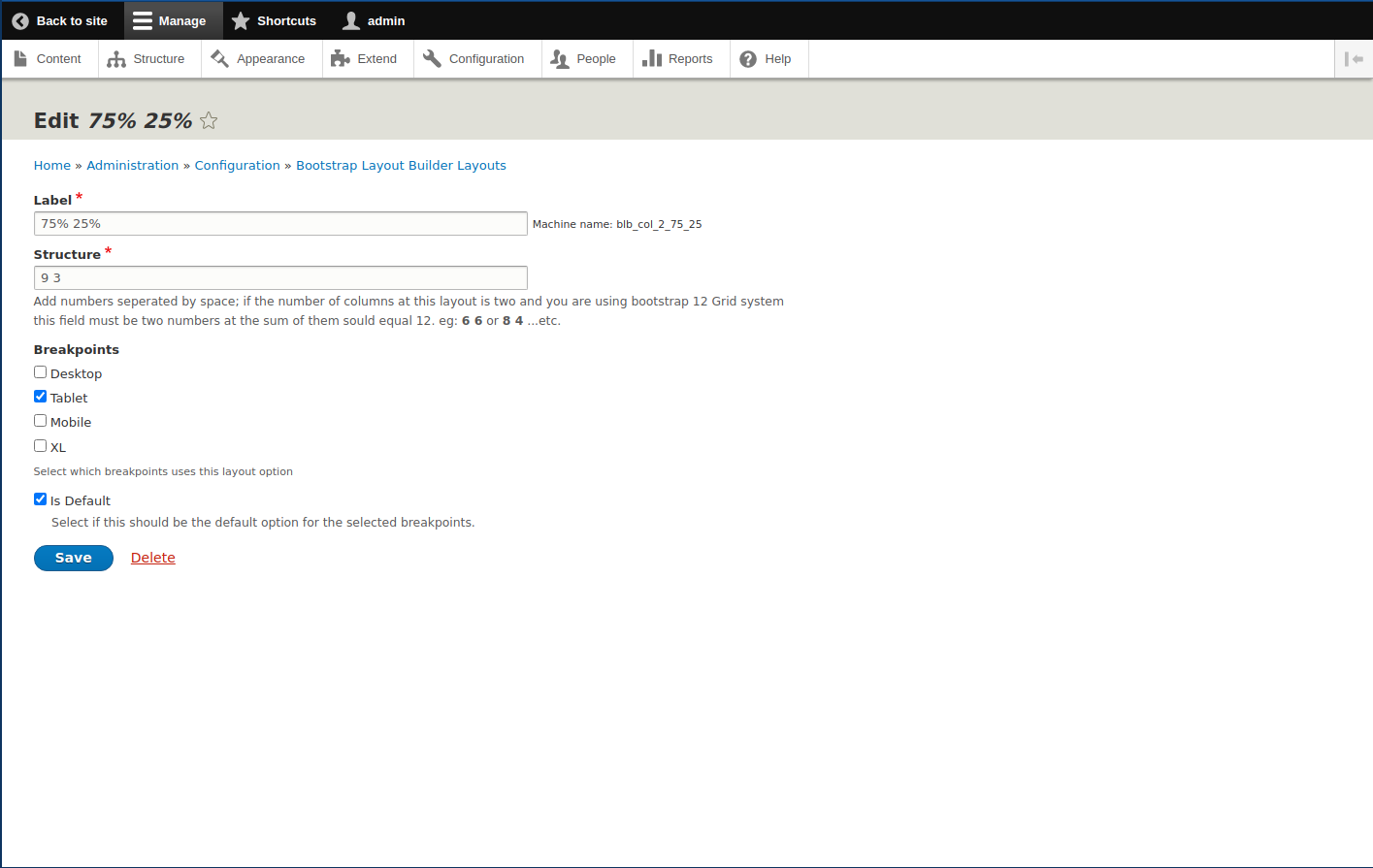 Have a default layout option for new sections on listed breakpoints to use the first key value ...