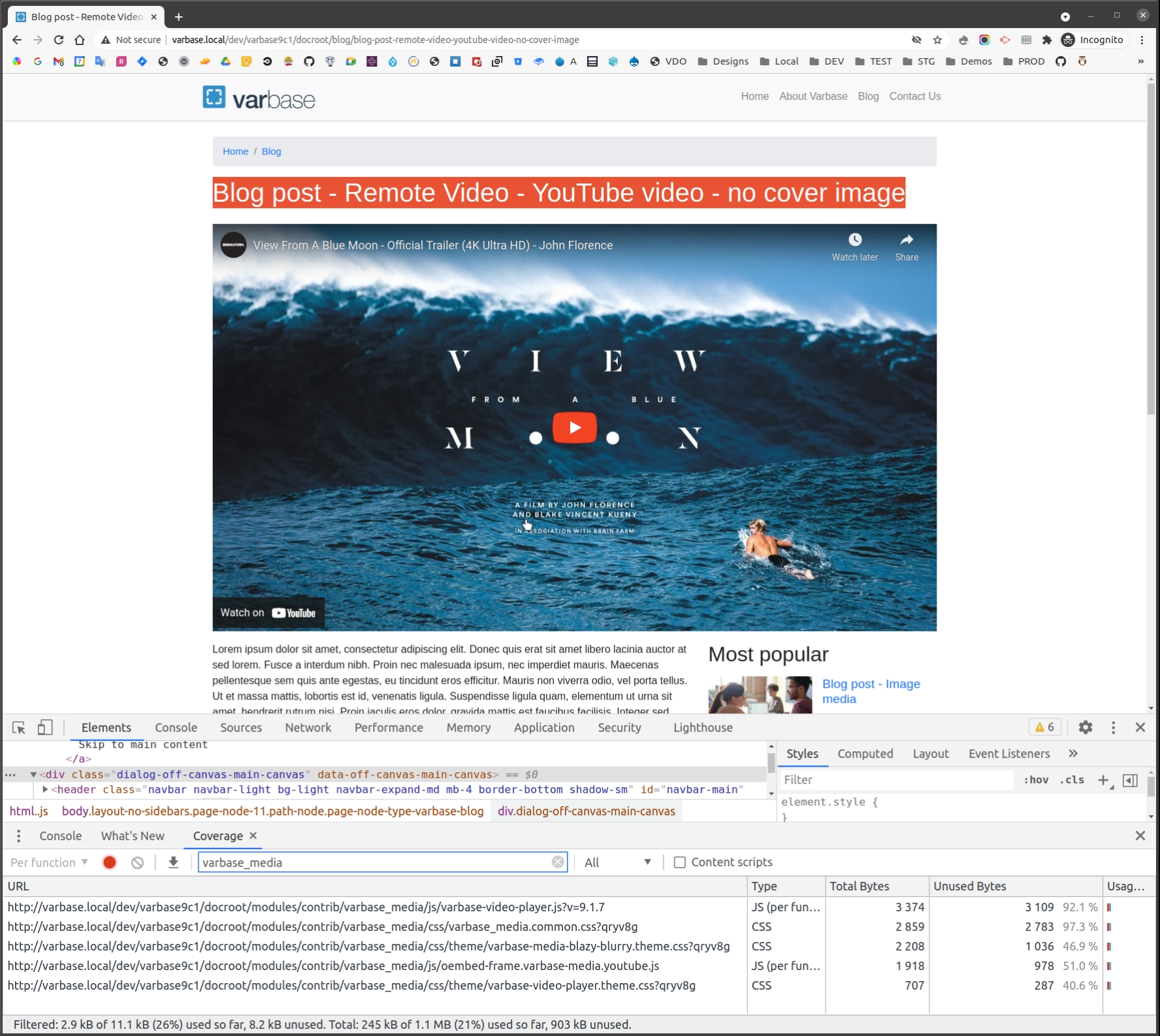 Fix Varbase Media performance code coverage for common or common logged in, or video player ...
