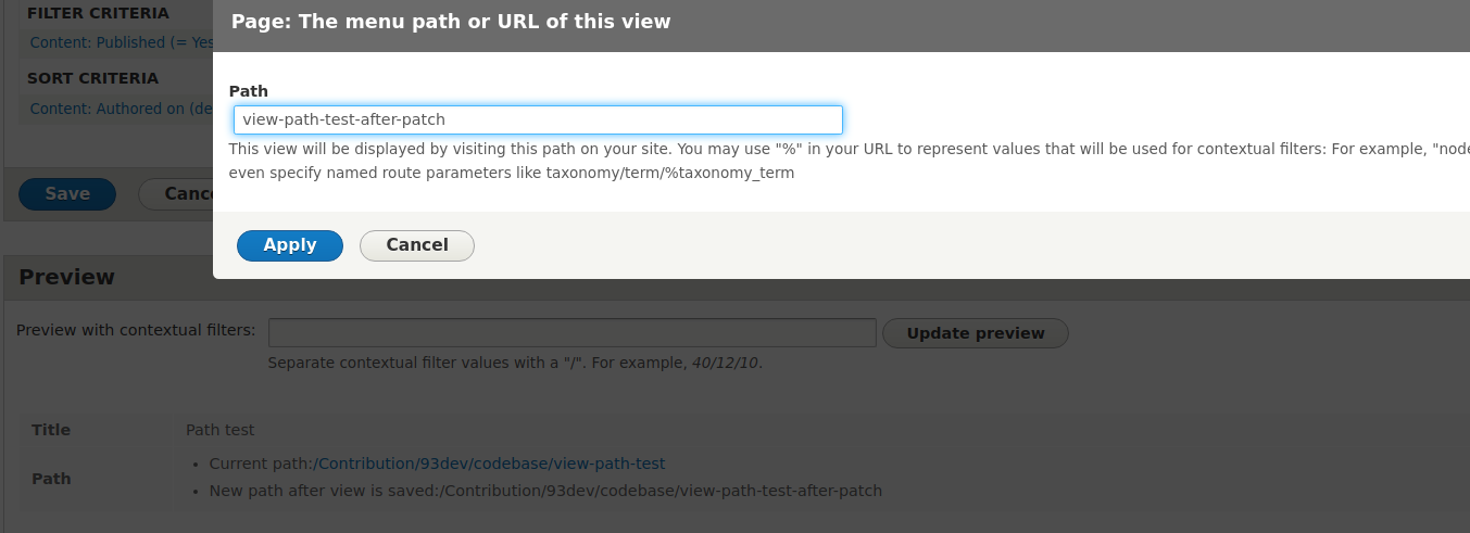 Views UI preview does not respect changed 'path' option until saving [#2620134] | Drupal.org